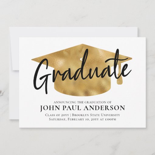 Modern Graduate Metallic Gold Grad Cap Graduation Announcement | Zazzle
