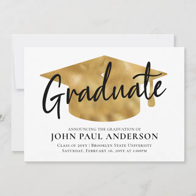 Modern Graduate Metallic Gold Grad Cap Graduation Announcement | Zazzle