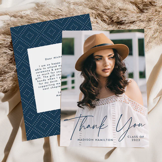 Modern Graduate Navy Script Photo Graduation Thank You Card | Zazzle