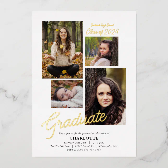 Modern Graduate Photo Collage Graduation Gold Foil Invitation | Zazzle