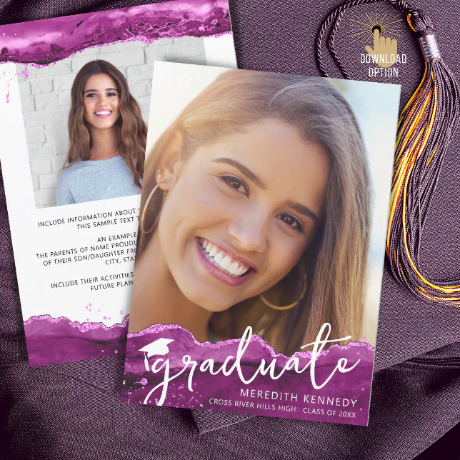 Modern Graduate Pink Magenta Glitter Chic Script Announcement | Zazzle