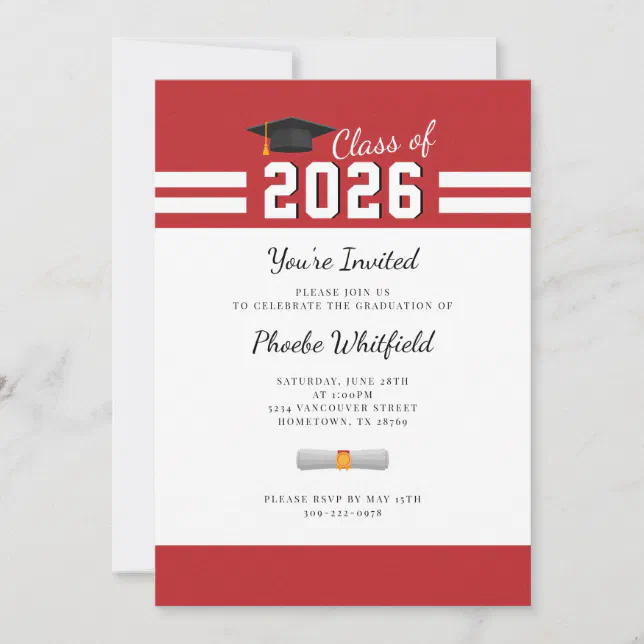 Modern Graduate Red White Simple Graduation Invitation | Zazzle