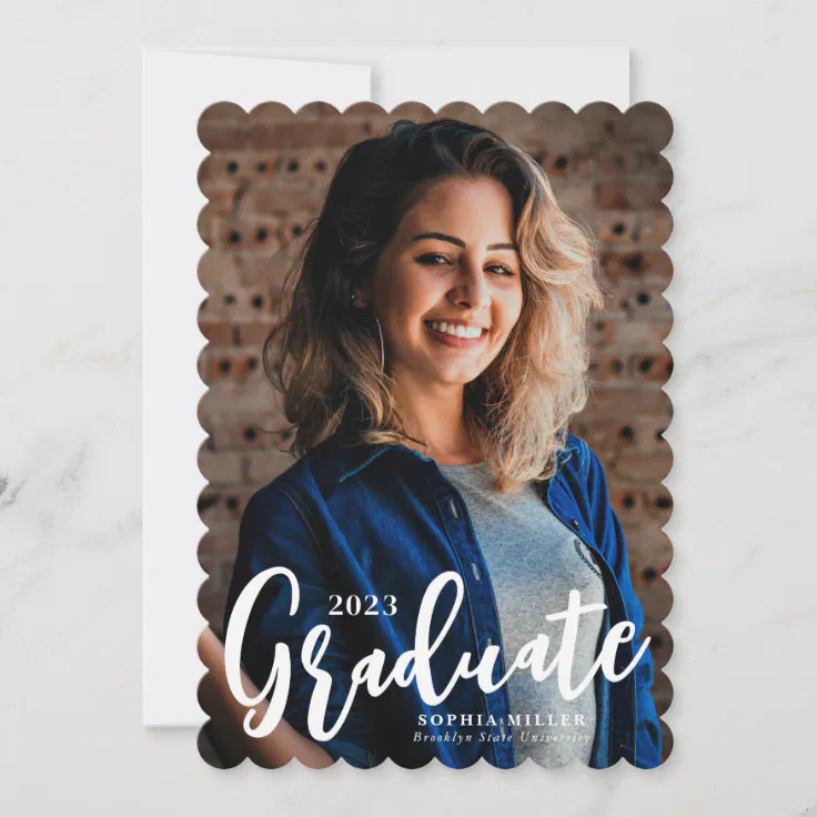 Modern Graduate Script Overlay 2 Photo Graduation Announcement | Zazzle