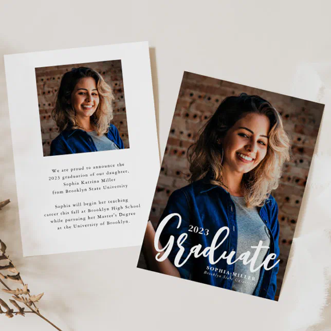 Modern Graduate Script Overlay 2 Photo Graduation Announcement | Zazzle