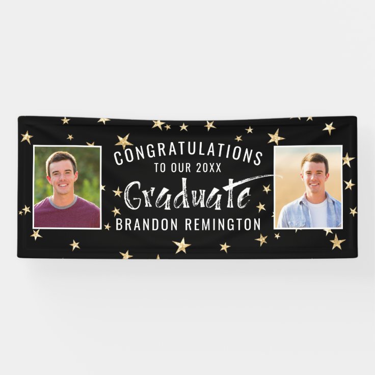 Modern Graduate Typography Photo Black Gold Stars Banner | Zazzle