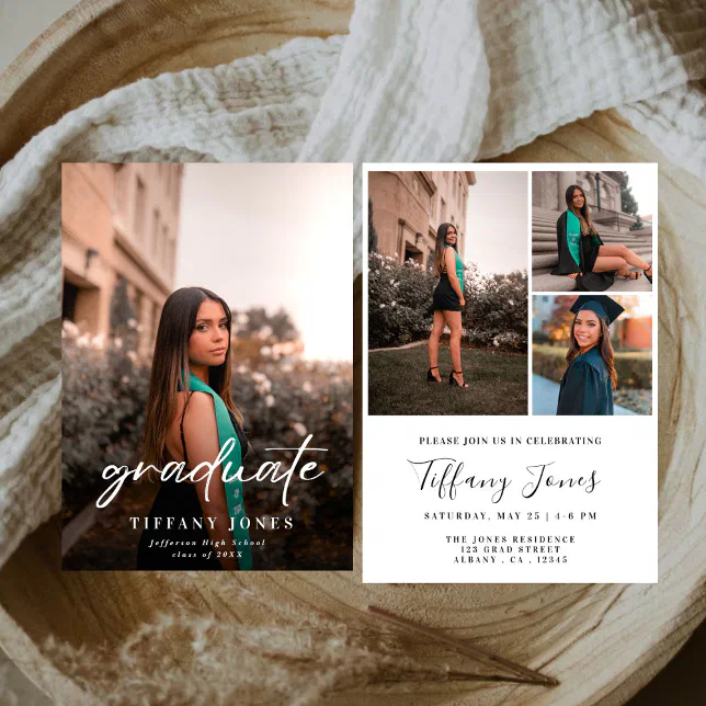Modern Graduate White Script 4 Photos Graduation Invitation | Zazzle