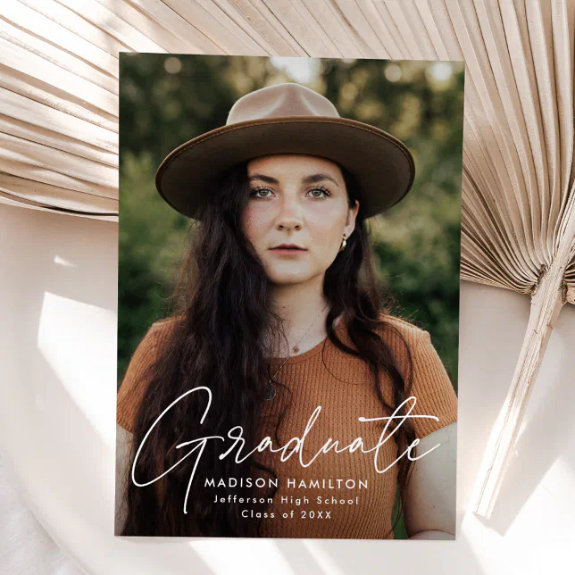 Modern Graduate White Script Photo Graduation Announcement | Zazzle