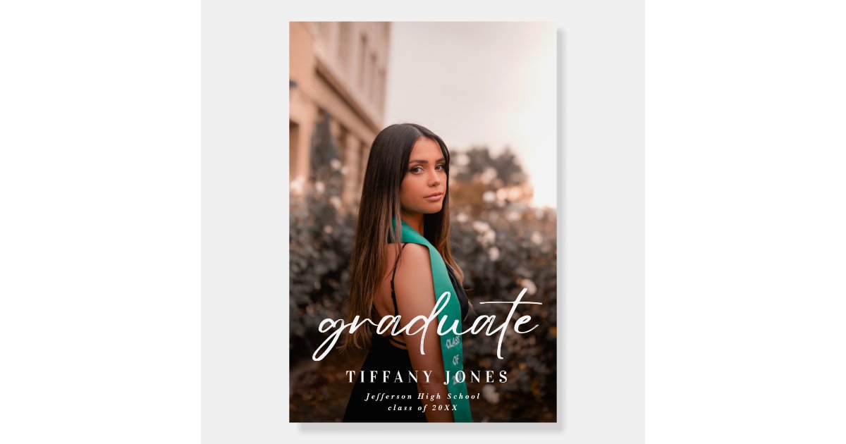 Modern Graduate White Script Photo Graduation Foam Board | Zazzle