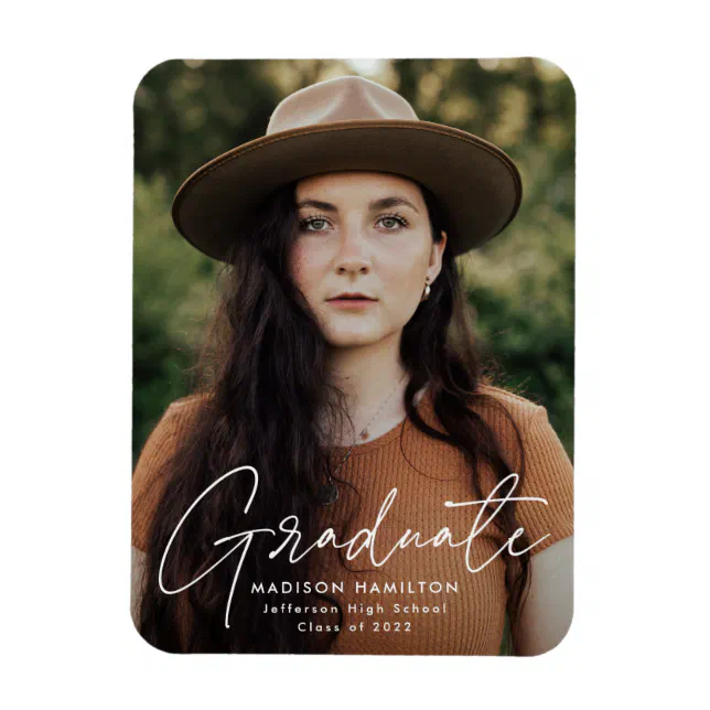 Modern Graduate White Script Photo Graduation Magnet | Zazzle