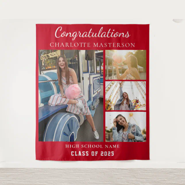 Modern Graduation 2025 Photo Collage Red Backdrop | Zazzle