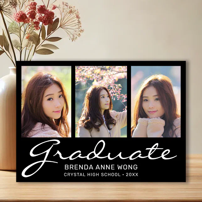 Modern Graduation 3 Photo Collage White Script Announcement Postcard ...