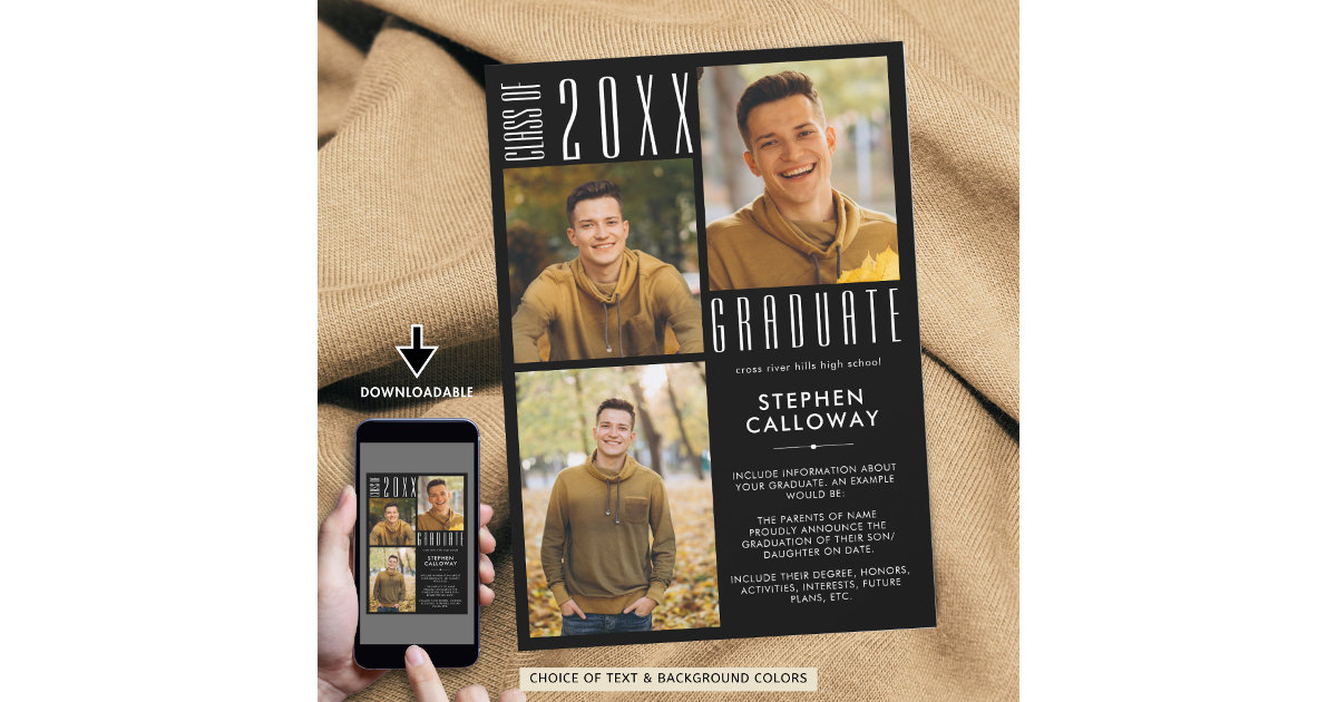 Modern Graduation 3 Photos Minimalist Custom Color Announcement | Zazzle