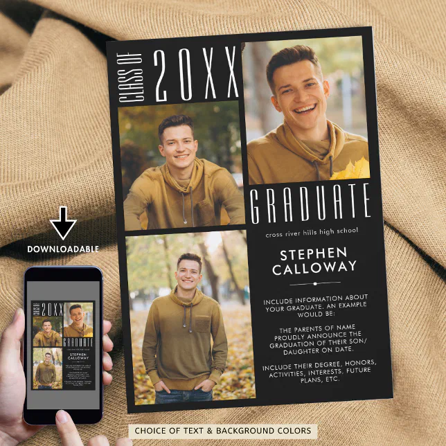 Modern Graduation 3 Photos Minimalist Custom Color Announcement | Zazzle