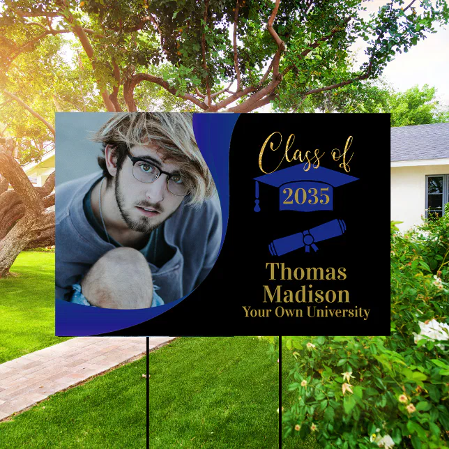 Modern Graduation Black Blue Wave Yard Sign | Zazzle