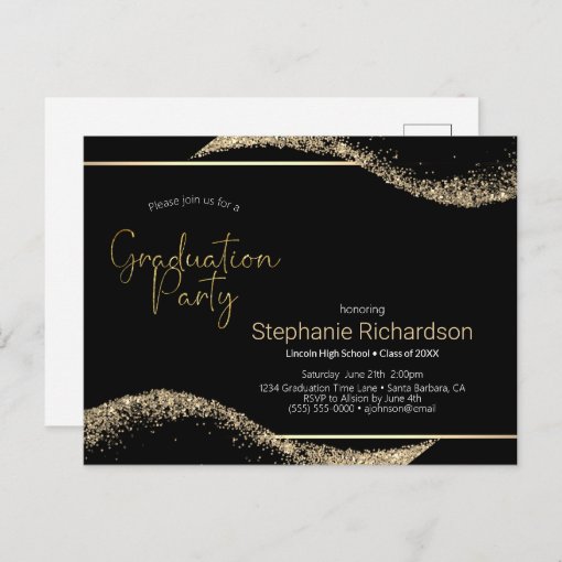Modern Graduation Black Gold Glitter Postcard | Zazzle