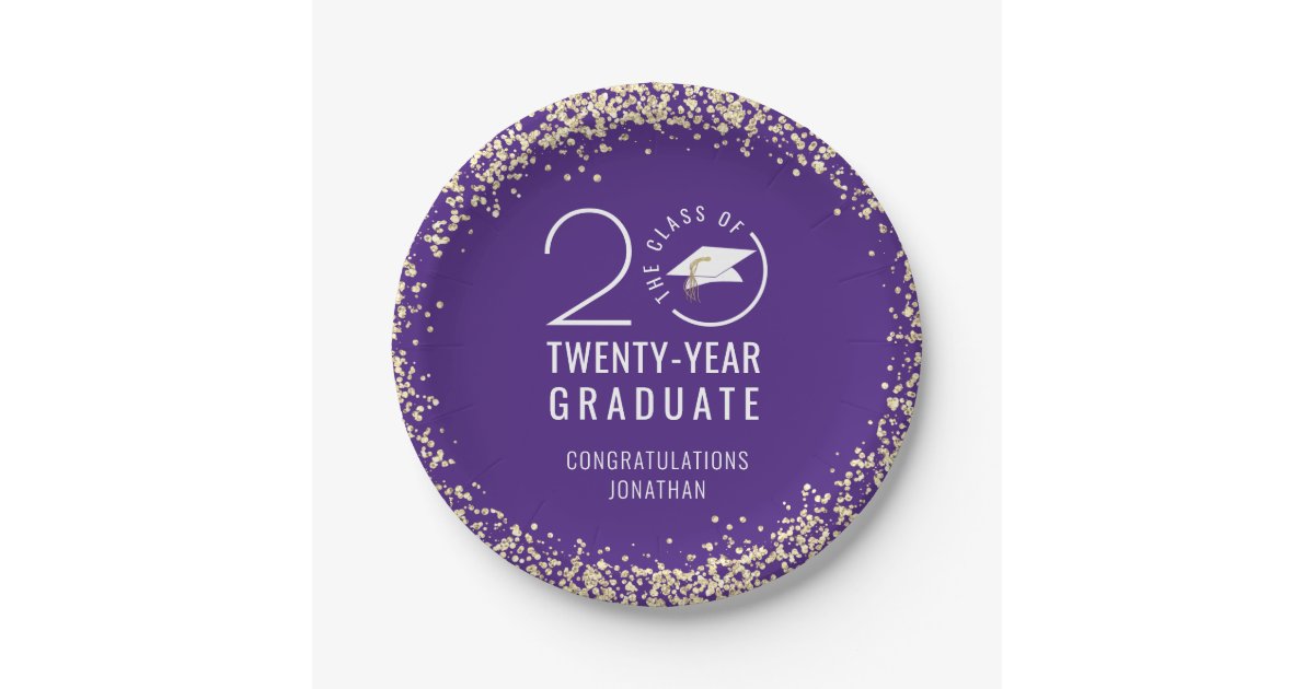 Modern Graduation Class Year Purple Gold Confetti Paper Plates | Zazzle