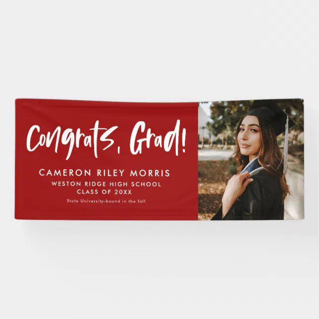 Modern graduation congratulations red photo banner | Zazzle
