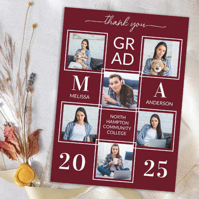 Modern Graduation Custom Graduate 6 Photo Collage Thank You Card | Zazzle