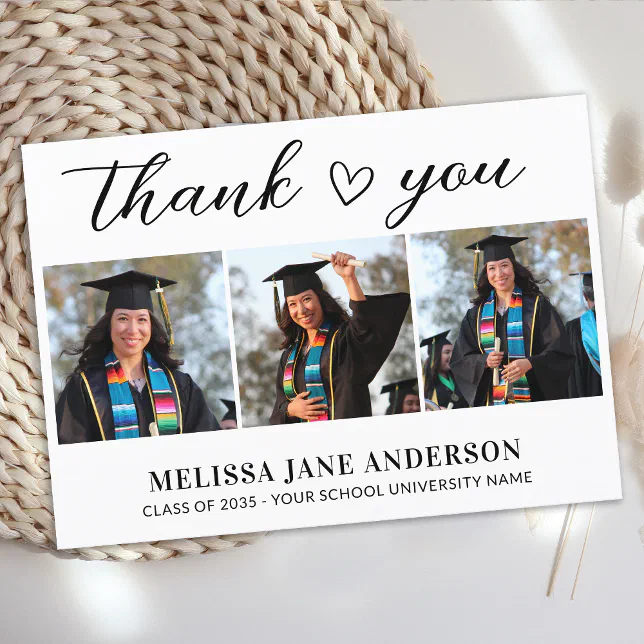 Modern Graduation Custom Graduate Heart 3 Photo Thank You Card | Zazzle