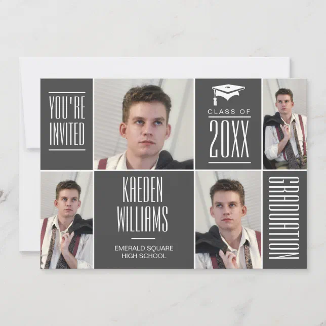 Modern Graduation Custom Photos Gray Invitation | Zazzle