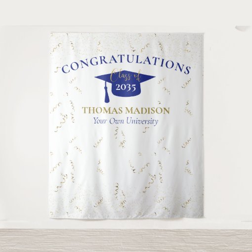 Modern Graduation Faux Streamers Blue Backdrop | Zazzle
