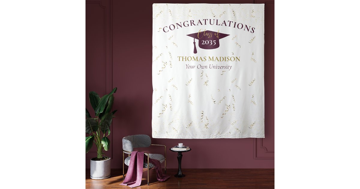 Modern Graduation Faux Streamers Maroon Backdrop | Zazzle