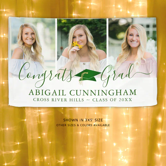 Modern Graduation Green Cap Script 3 Photo Collage Banner | Zazzle