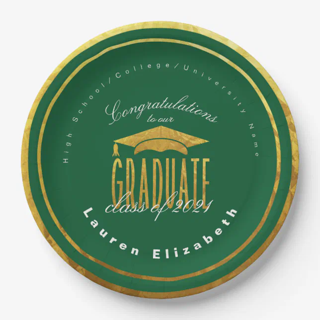Modern Graduation Green Gold Faux Foil Paper Plate | Zazzle