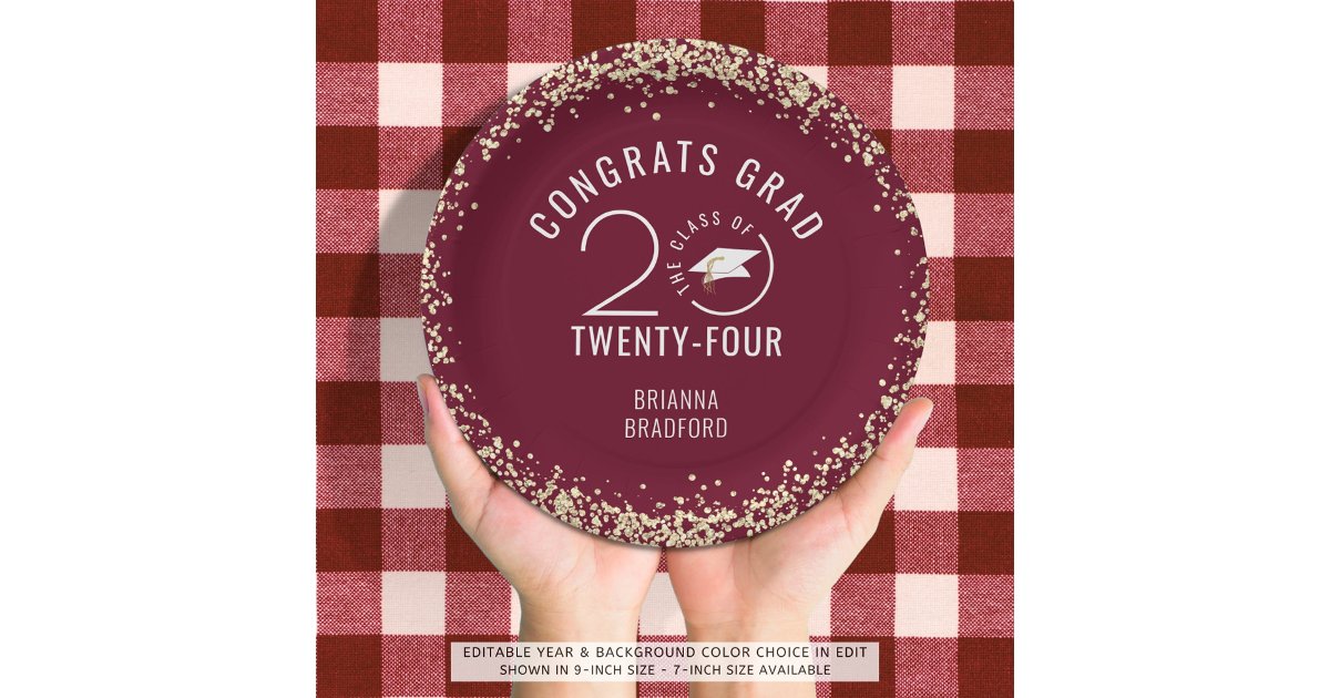 Modern Graduation Maroon Faux Gold Glitter Paper Plates | Zazzle