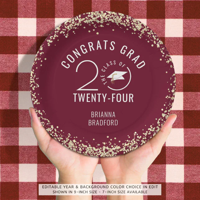 Modern Graduation Maroon Faux Gold Glitter Paper Plates | Zazzle