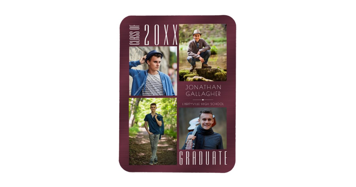 Modern Graduation Metallic Maroon Photo Collage Magnet | Zazzle