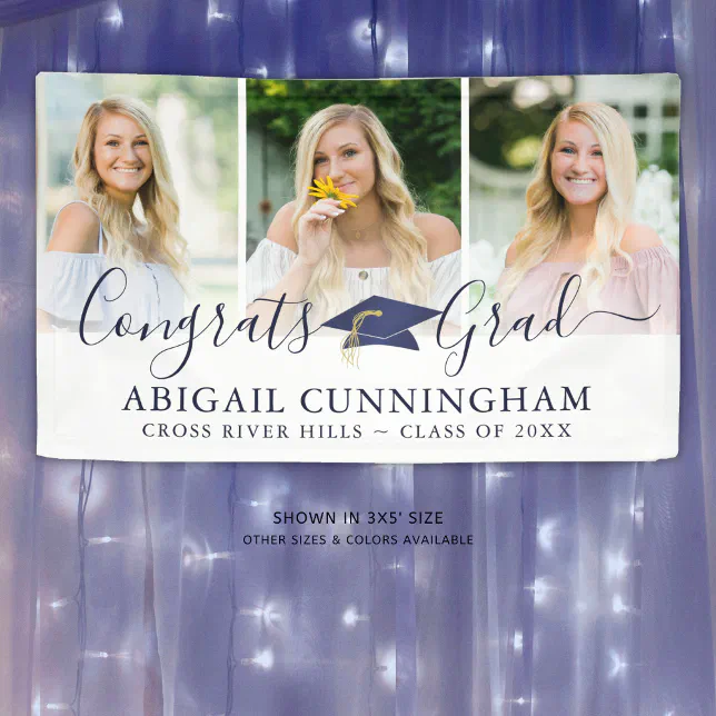 Modern Graduation Navy Cap Script 3 Photo Collage Banner | Zazzle
