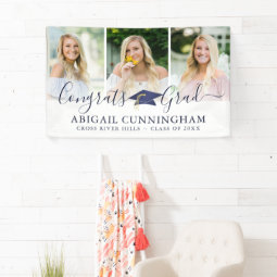 Modern Graduation Navy Cap Script 3 Photo Collage Banner | Zazzle