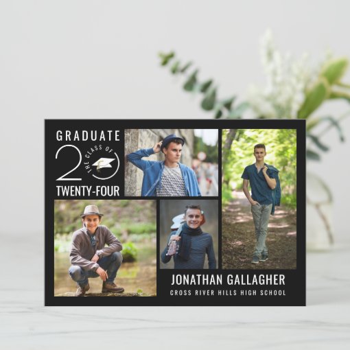 Modern Graduation Party Black 4 Photo Collage Invitation | Zazzle
