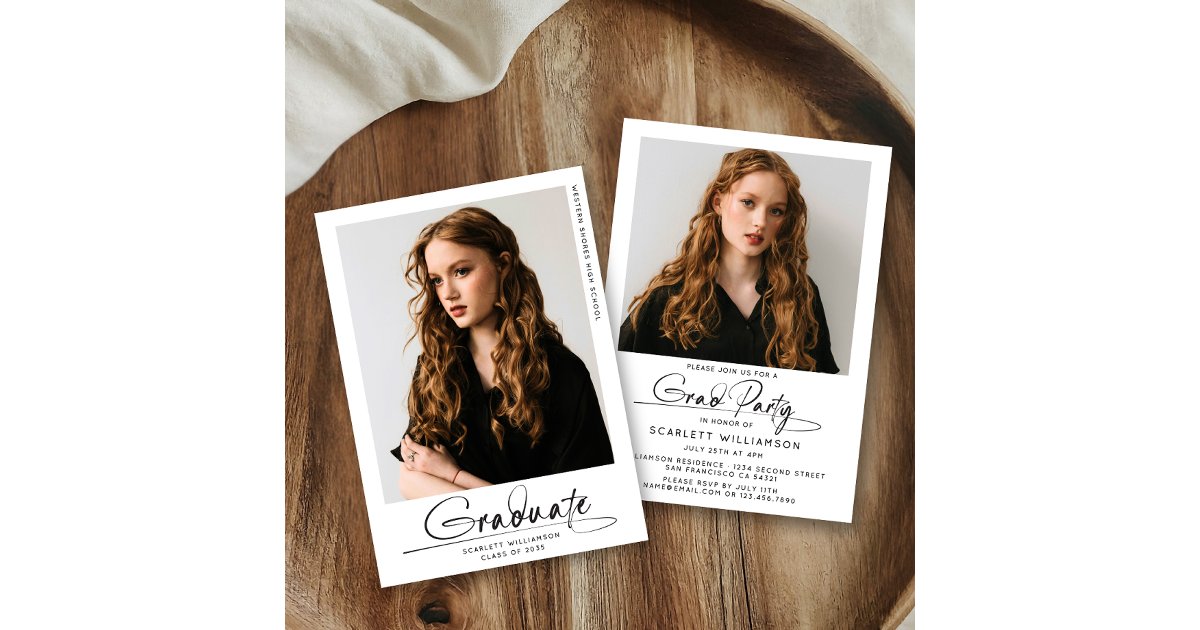 Modern Graduation Party Graduate Photo Script Invitation | Zazzle