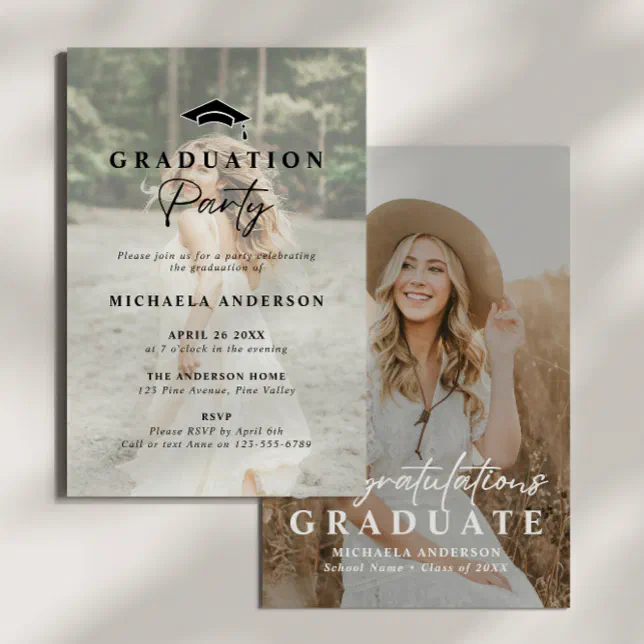 Modern Graduation Party Handwritten Script 2-Photo Invitation | Zazzle