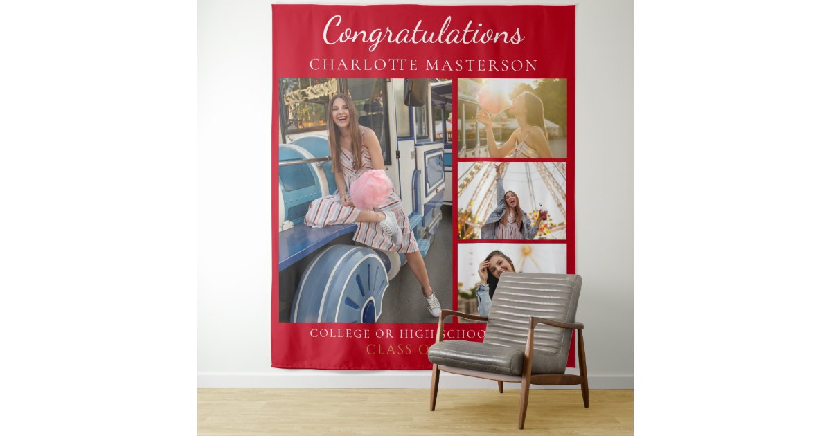Modern Graduation Photo Collage Red Backdrop | Zazzle