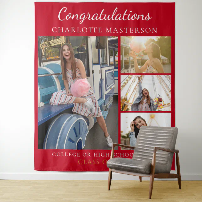 Modern Graduation Photo Collage Red Backdrop | Zazzle