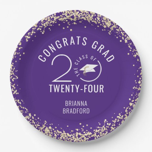 Modern Graduation Purple Faux Gold Glitter Paper Plates | Zazzle