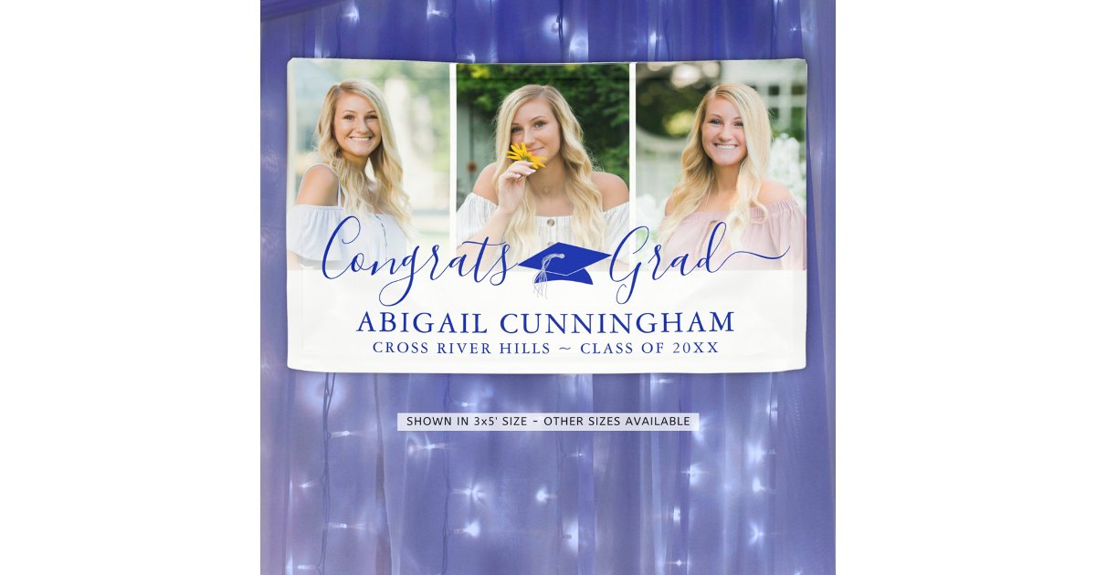 Modern Graduation Royal Blue Script 3 Photos Banner | Zazzle