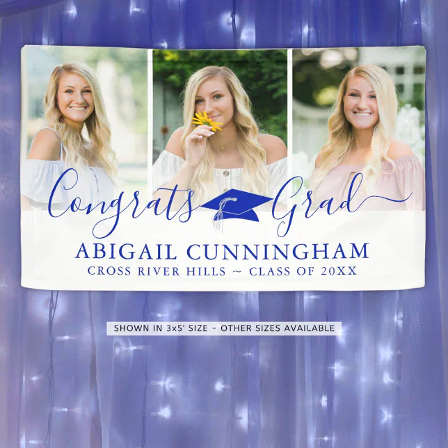 Modern Graduation Royal Blue Script 3 Photos Banner | Zazzle