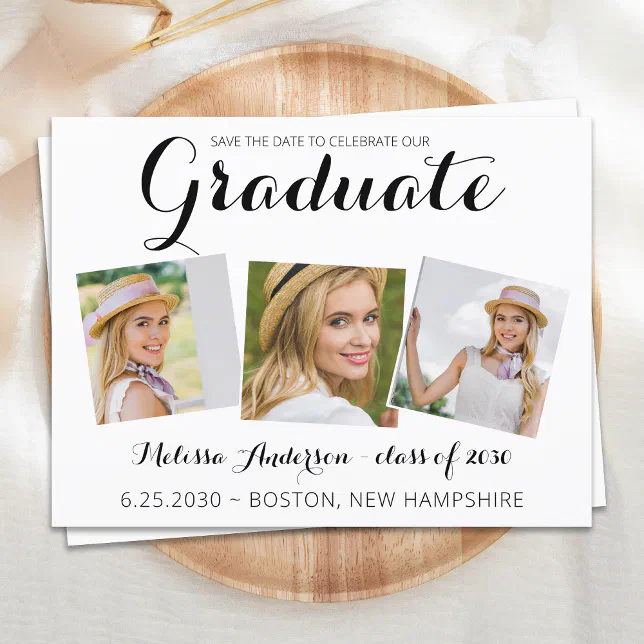 Modern Graduation Save The Date Graduate 3 Photo Announcement | Zazzle