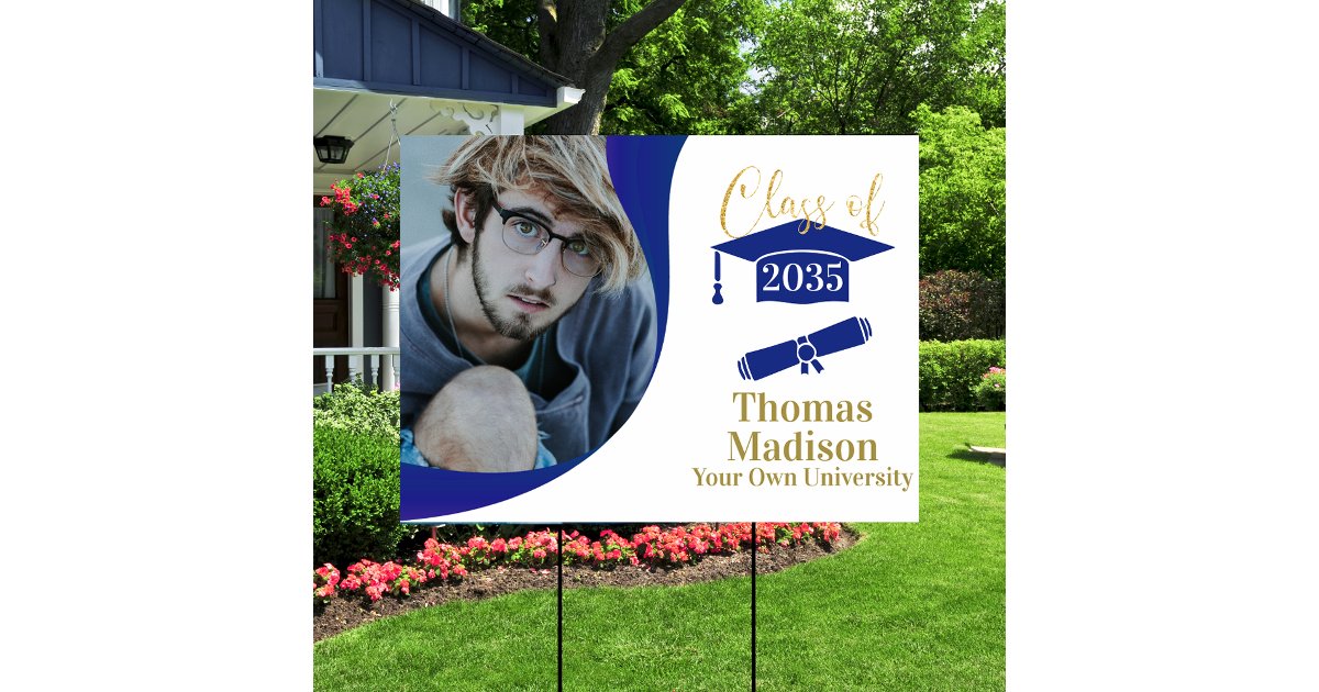 Modern Graduation White Blue Wave Yard Sign | Zazzle