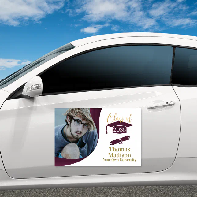 Modern Graduation White Maroon Wave Car Magnet | Zazzle