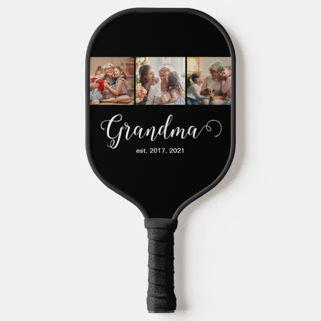 Modern Grandma Established 3 Photo White Script Pickleball Paddle | Zazzle