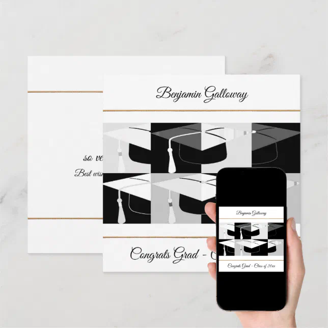 Modern Graphic Graduation Cap Black & White Flat Card | Zazzle