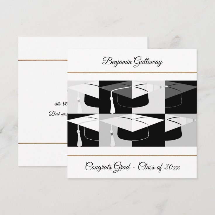 Modern Graphic Graduation Cap Black & White Flat Card | Zazzle