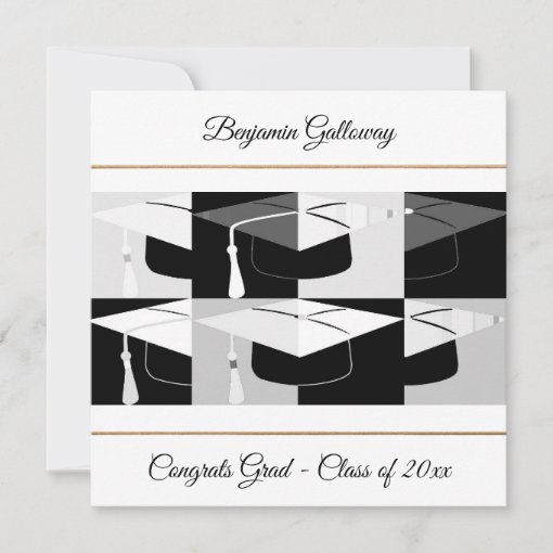 Modern Graphic Graduation Cap Black & White Flat Card | Zazzle