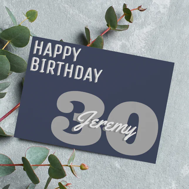 Modern Gray and Navy Blue 30th Birthday Card | Zazzle