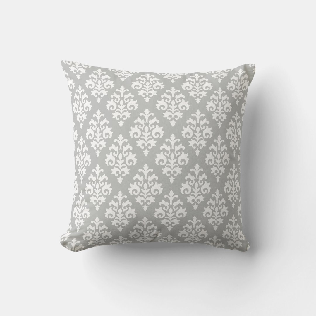 Modern Gray and White Damask Throw Pillow | Zazzle